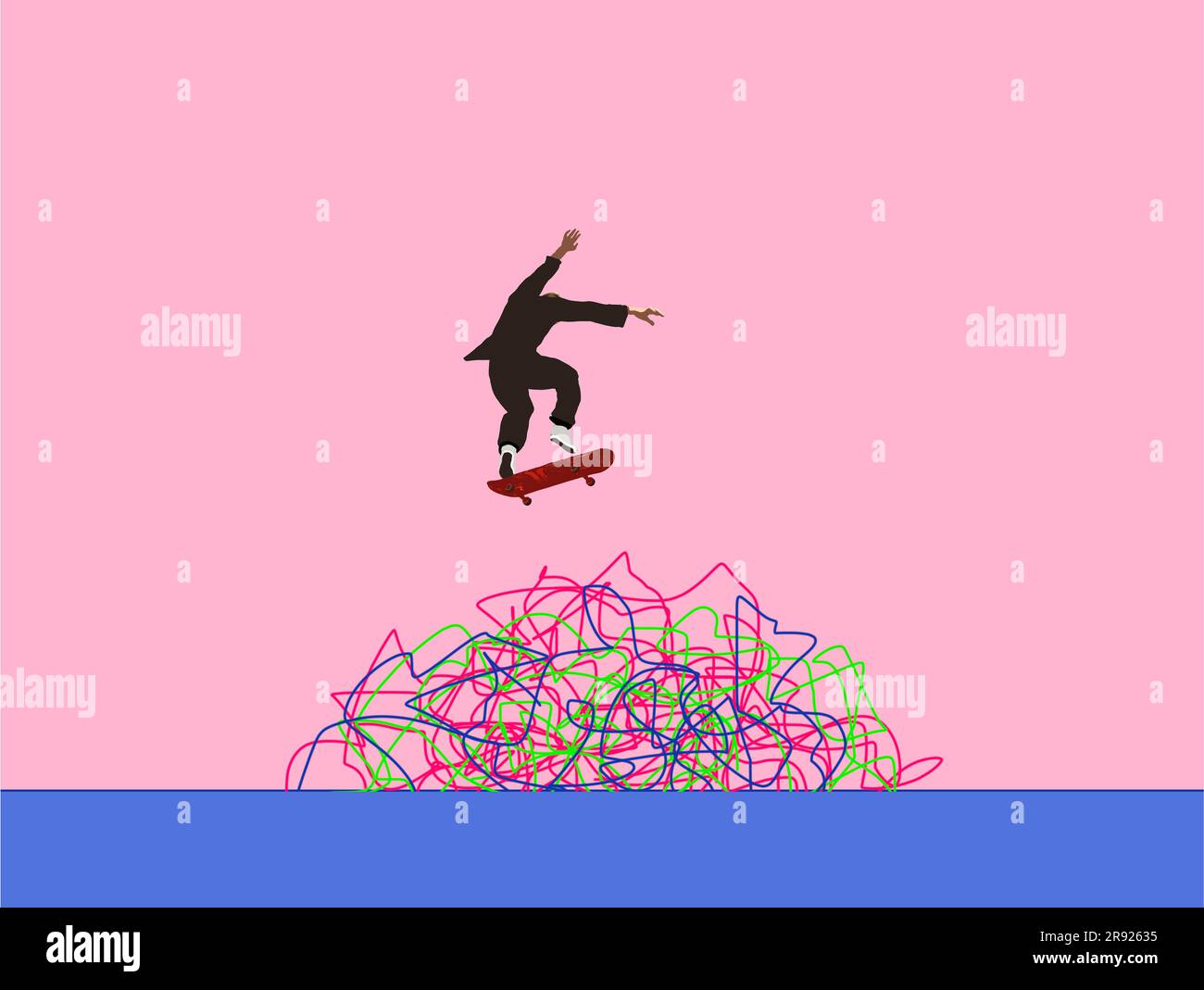 Illustration of man skateboarding over tangled mess Stock Photo - Alamy