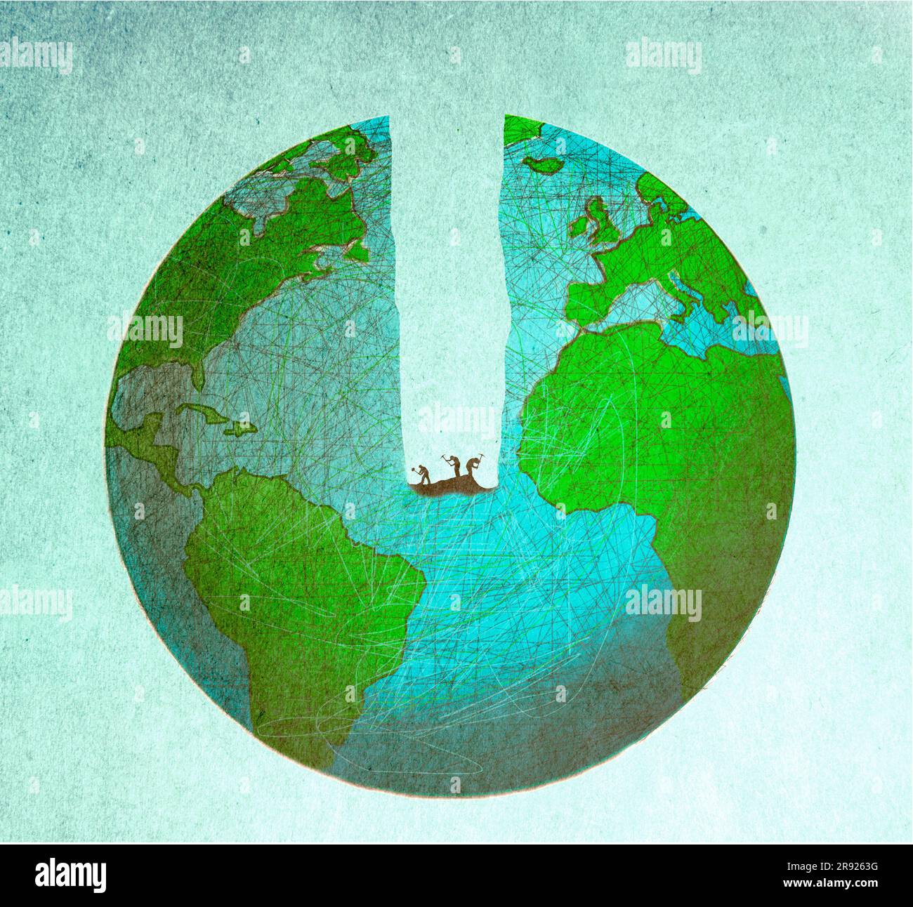 Illustration of miners digging through planet Earth Stock Photo - Alamy