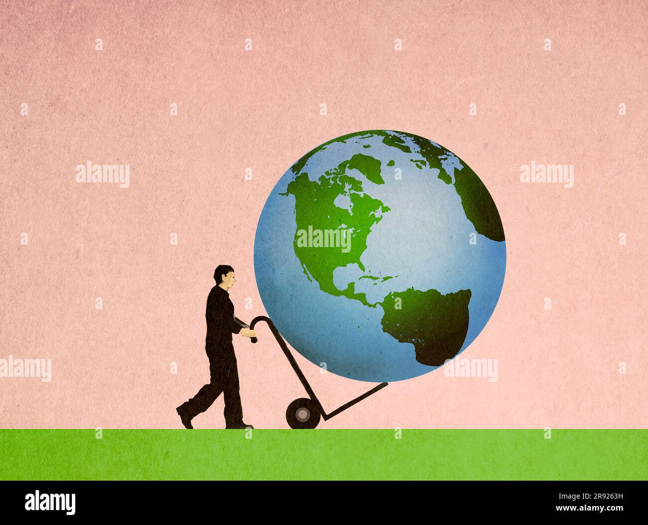 Illustration of person transporting planet Earth on push cart Stock ...