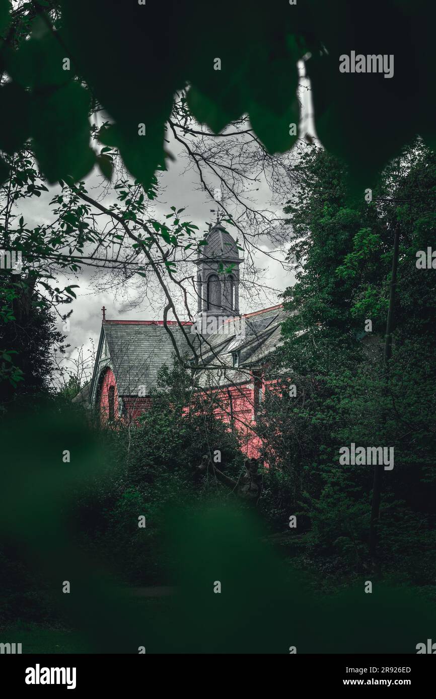 An idyllic scene featuring a classic church nestled among trees, with ...