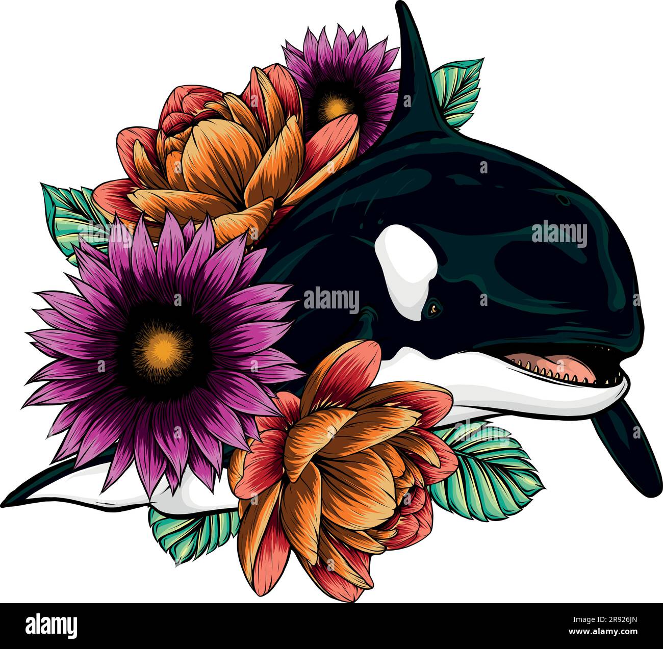 vector illustration of killer whale with flower Stock Vector Image ...