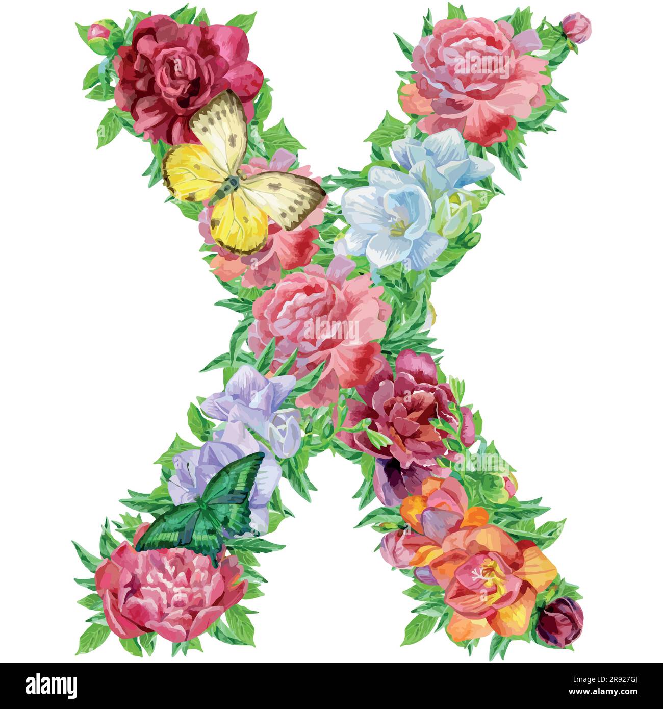 Letter X of watercolor flowers, isolated hand drawn on a white ...