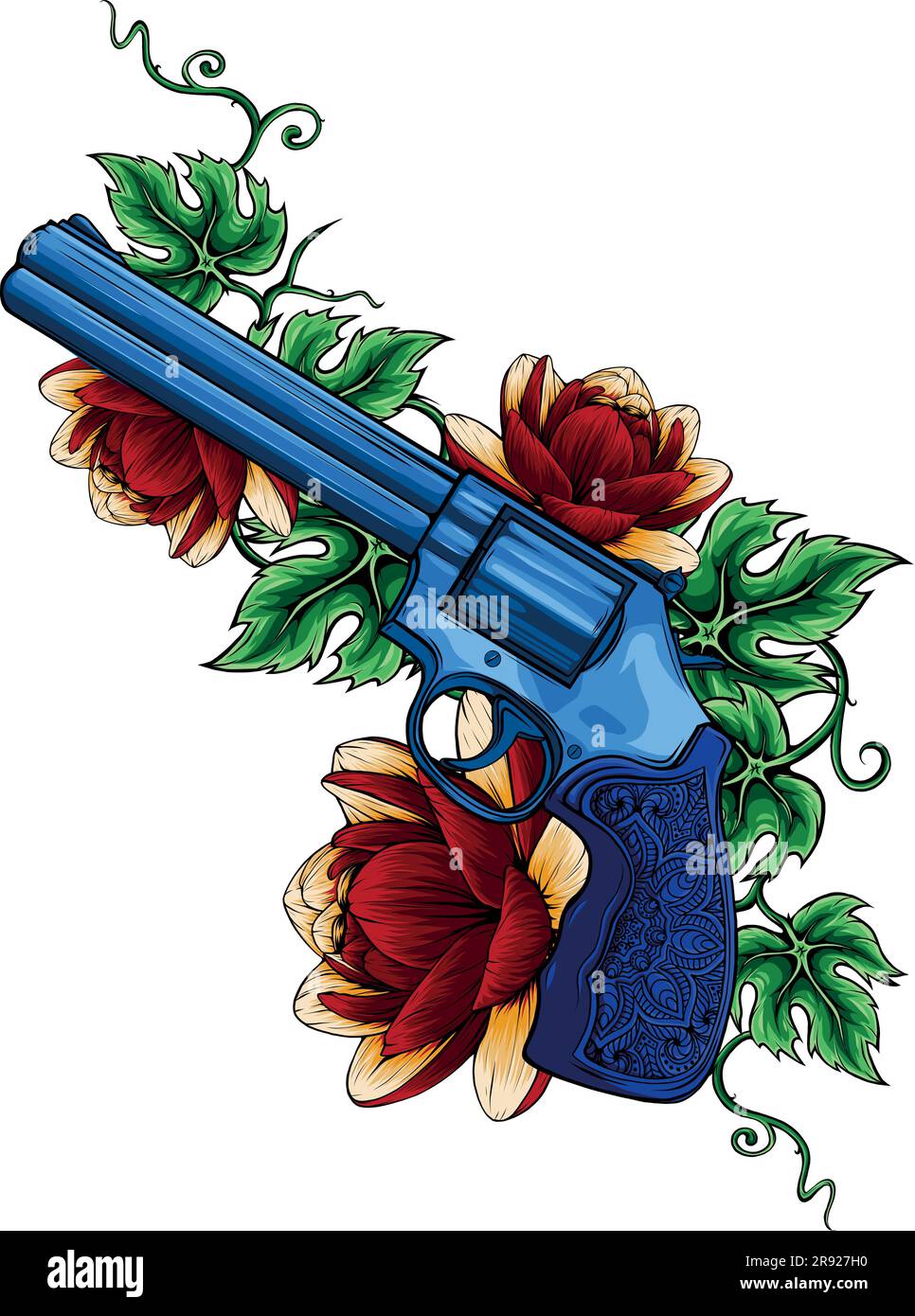 vector illustration of Revolver and flowers color Stock Vector Image ...