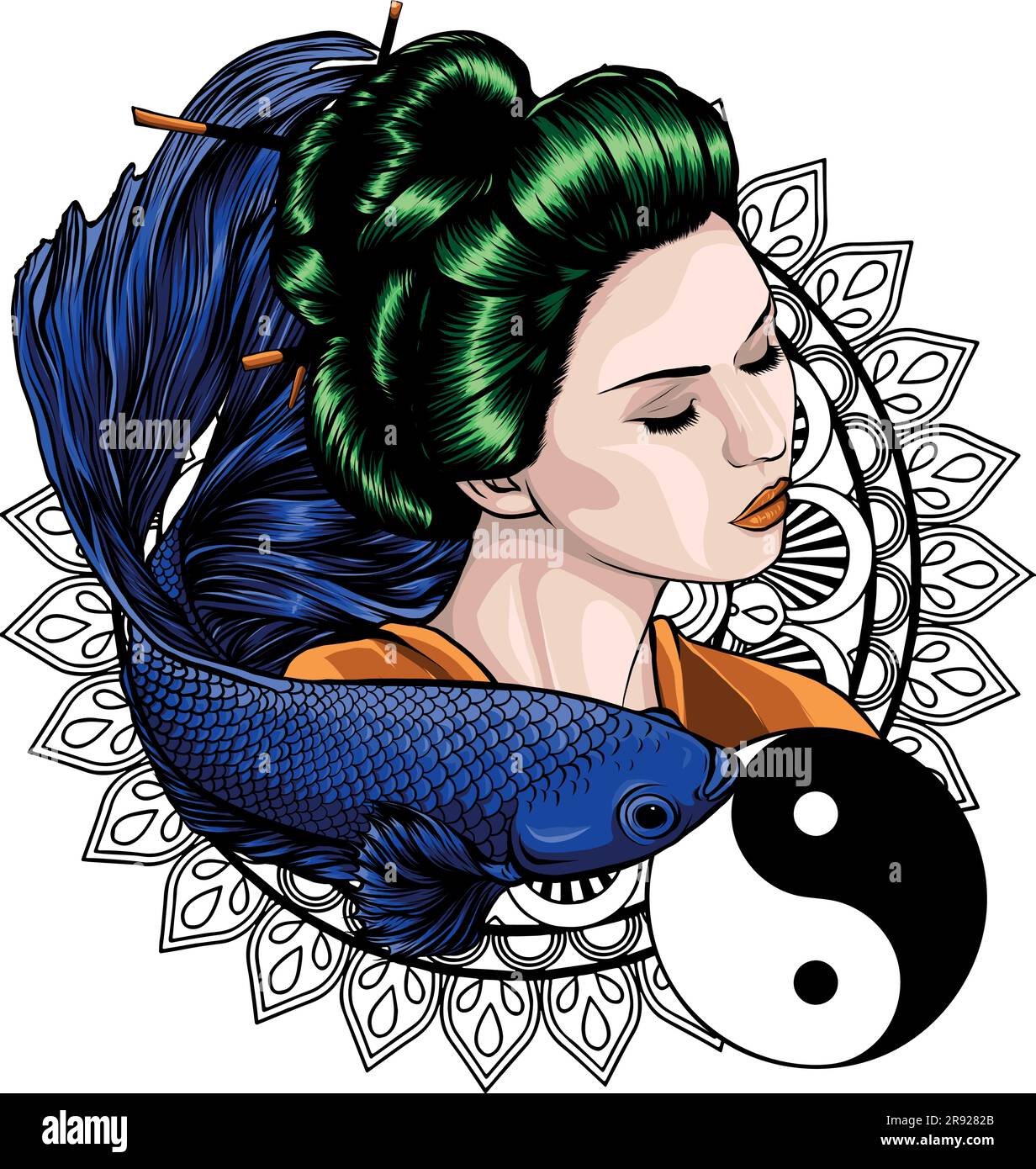 vector illustration of Japanese geisha with betta fish Stock Vector ...