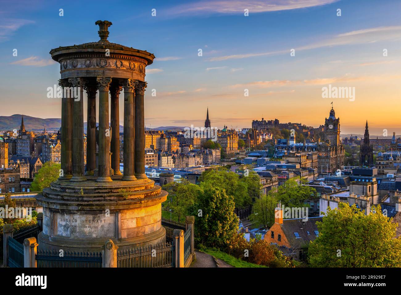 UK, Scotland, Edinburgh, View from Calton Hill with Dugald Stewart ...
