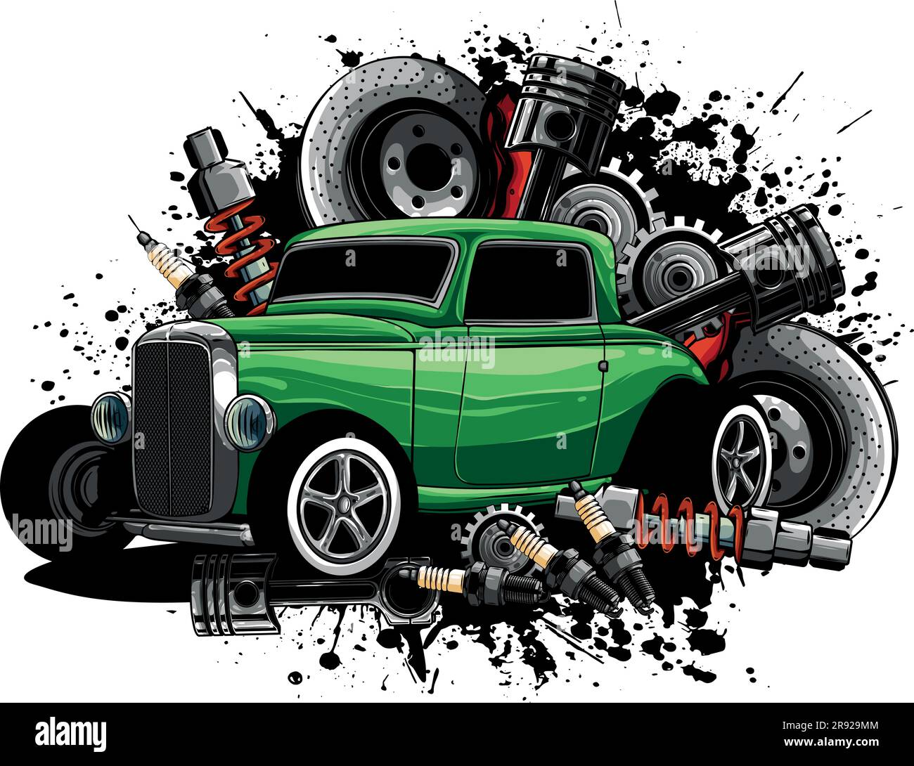 vector vintage car, signage for car service, store of spare parts retro ...