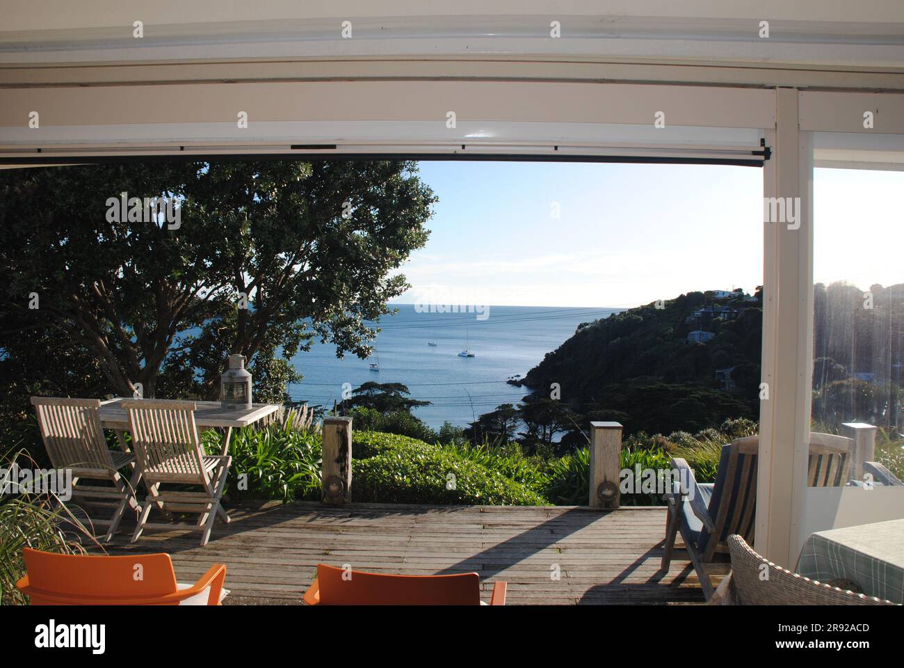 Patio with a view of the water Stock Photo - Alamy