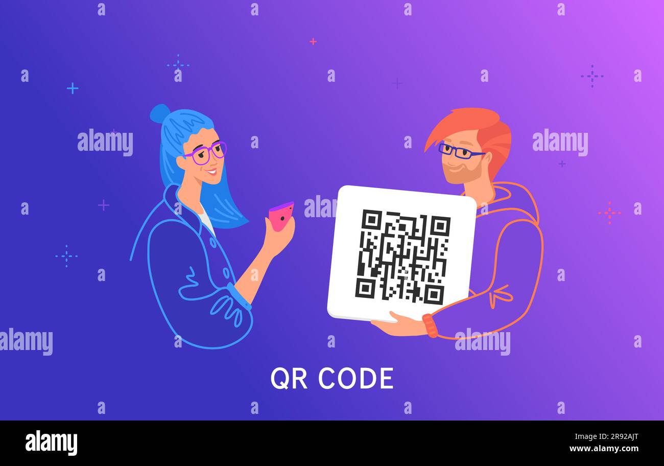 QR code scanning by smartphone. Concept vector illustration of smiling ...