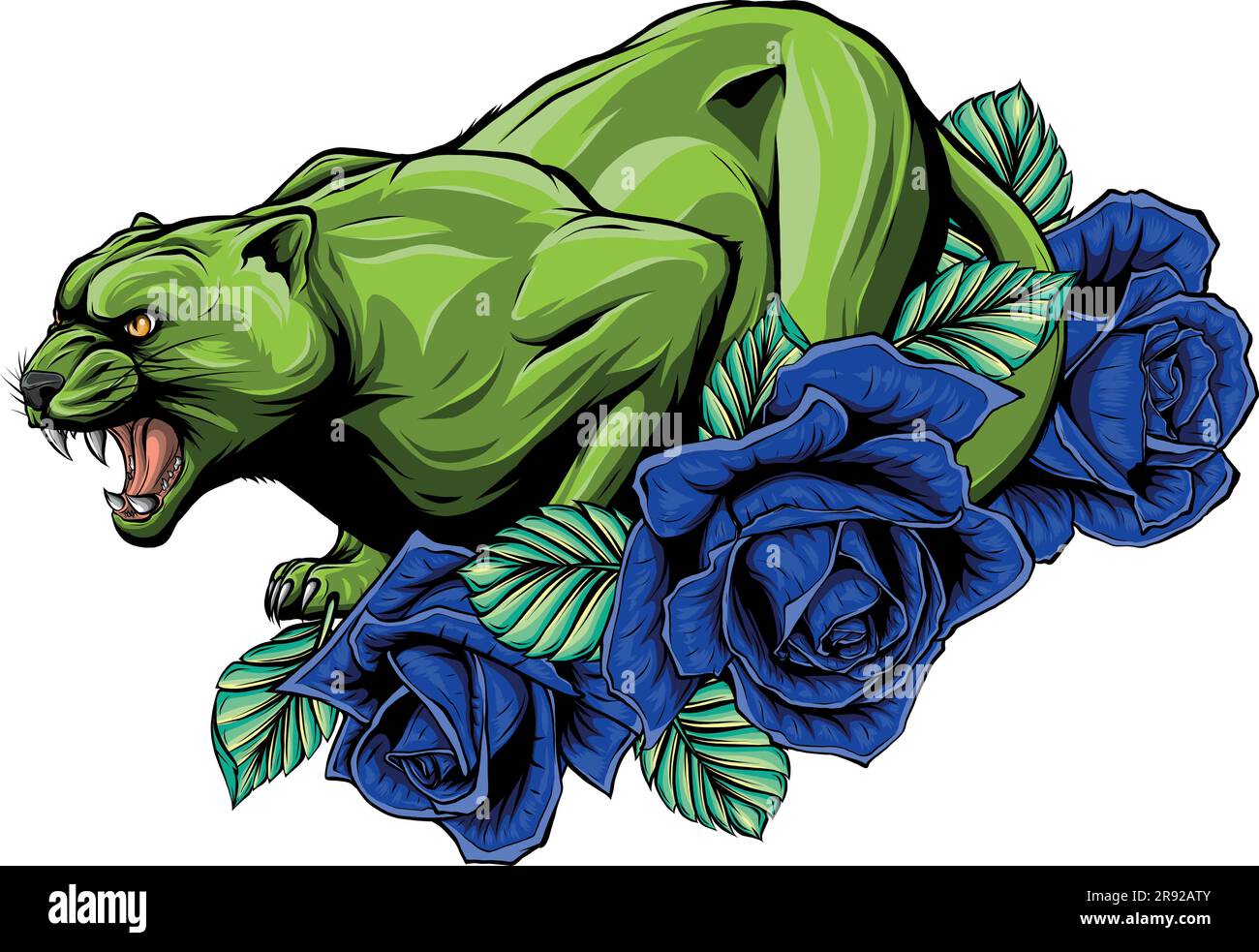 vector illustration of panther with roses on white background Stock ...
