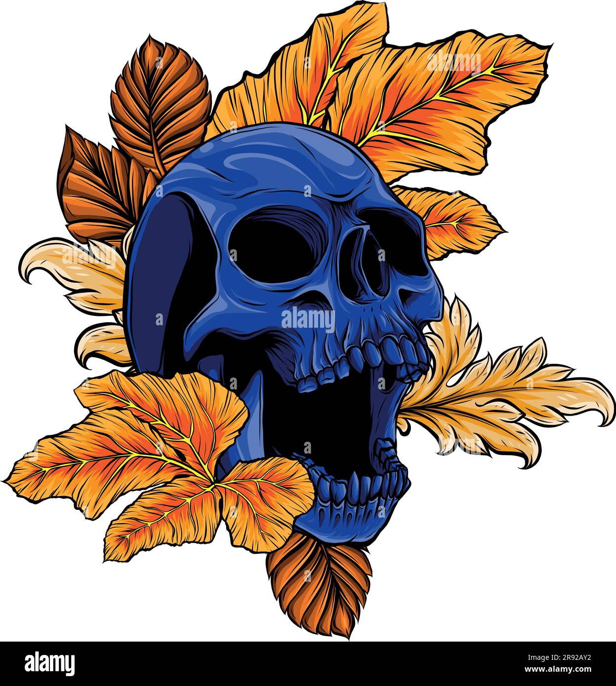 vector illustration of Skull and leaves on white background Stock ...