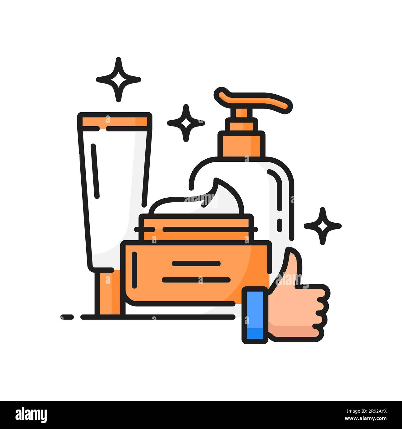 Face and hands skin care products line icon. Dermatology and woman ...