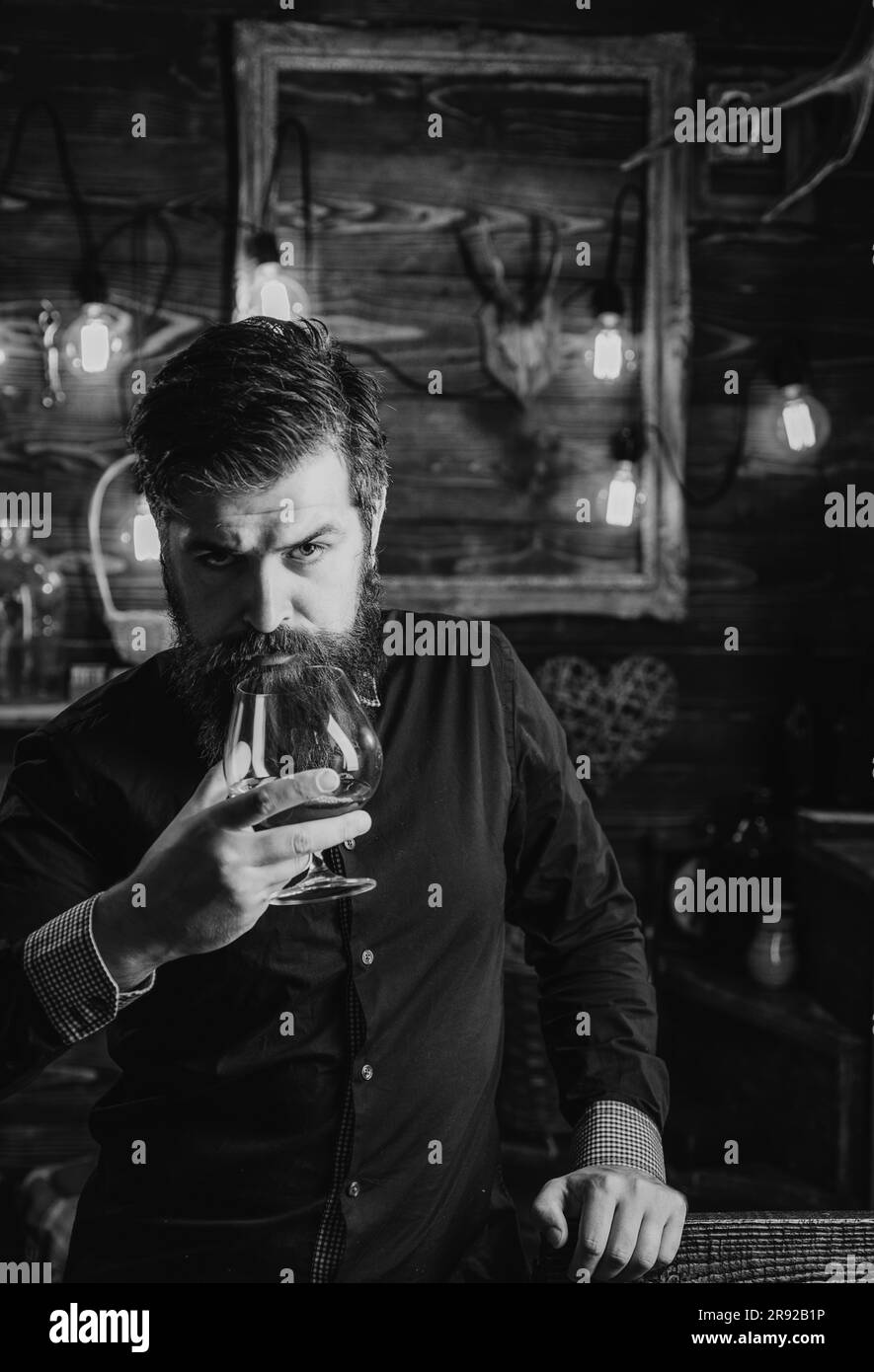 Retro bar. Drunk man. Man with alcohol drink at home. Drinking man. Man ...