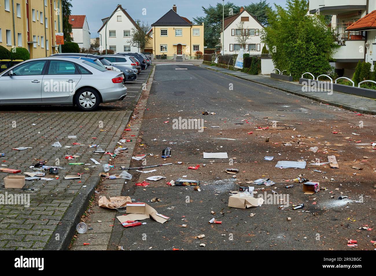 remains of the sylvester night on a street, Germany, Hesse, Kelsterbach ...
