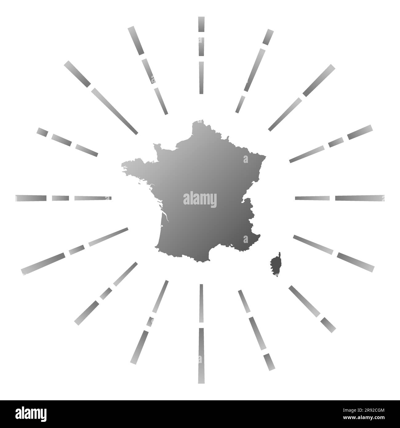 France gradiented sunburst. Map of the country with colorful star rays ...