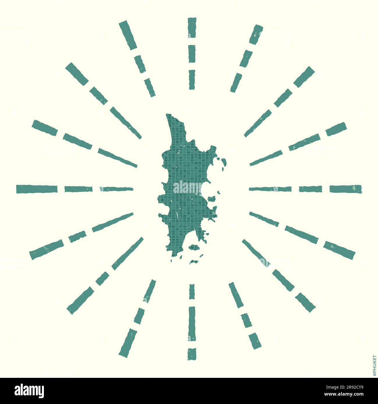 Phuket Logo. Grunge sunburst poster with map of the island. Shape of ...