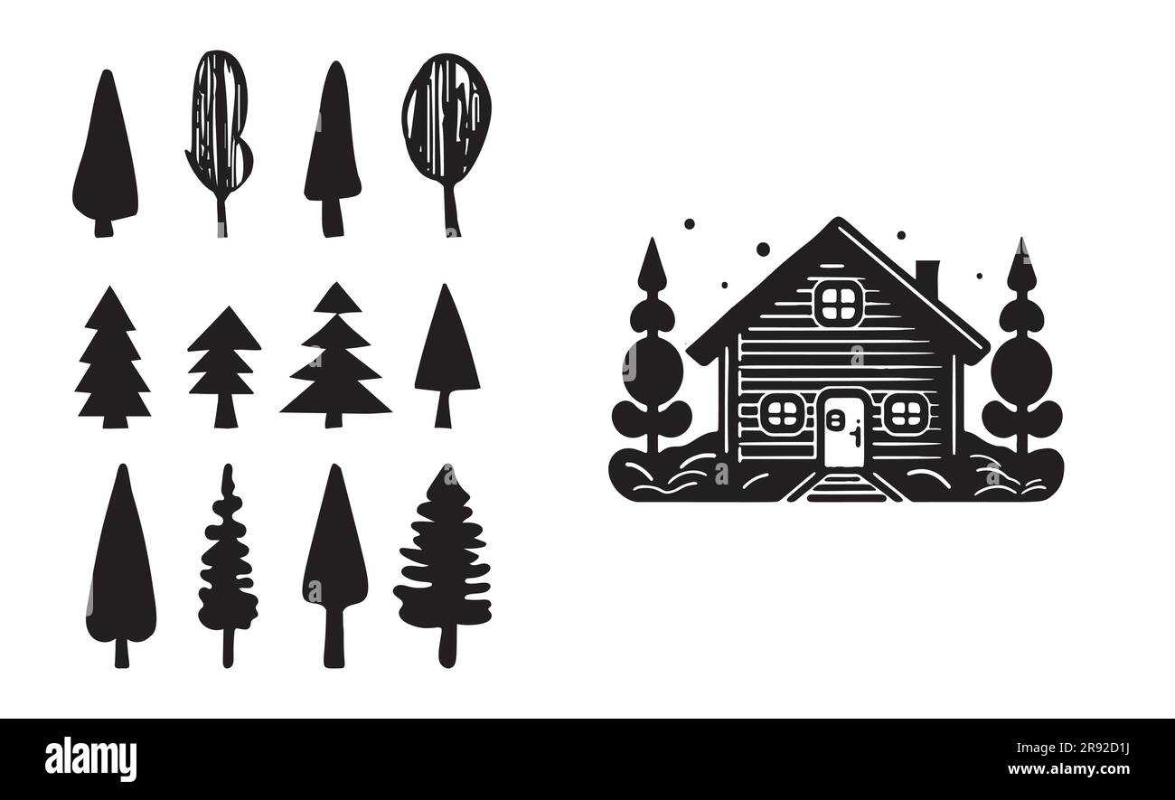 Set of log cabin and alpine fir tree vector illustrations. Masculine ...