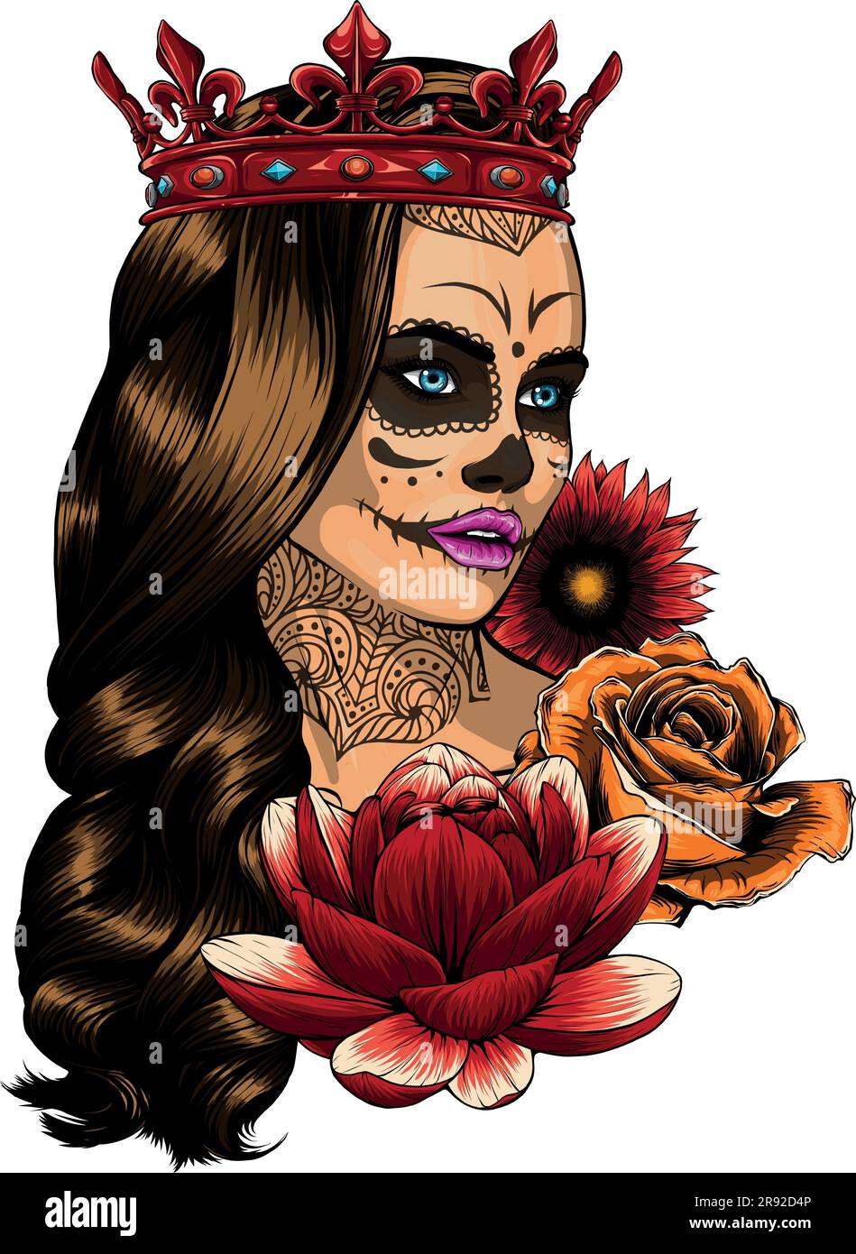 vector illustration of queen with crown and vintage flower Stock Vector ...