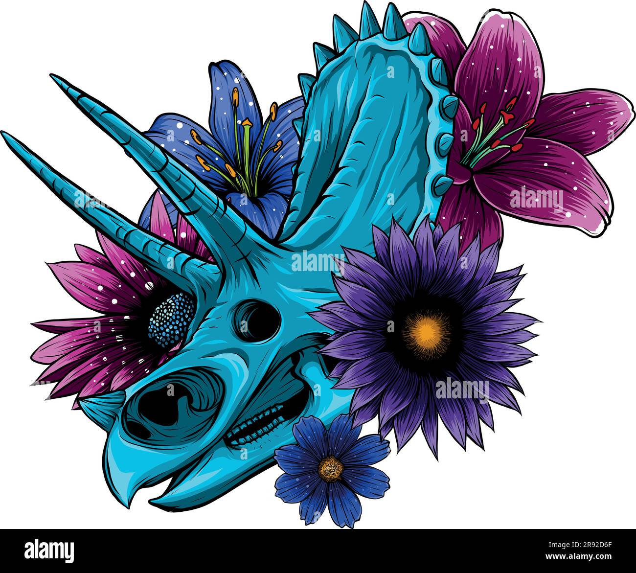 vector illustration of triceratops skull with flower Stock Vector Image ...