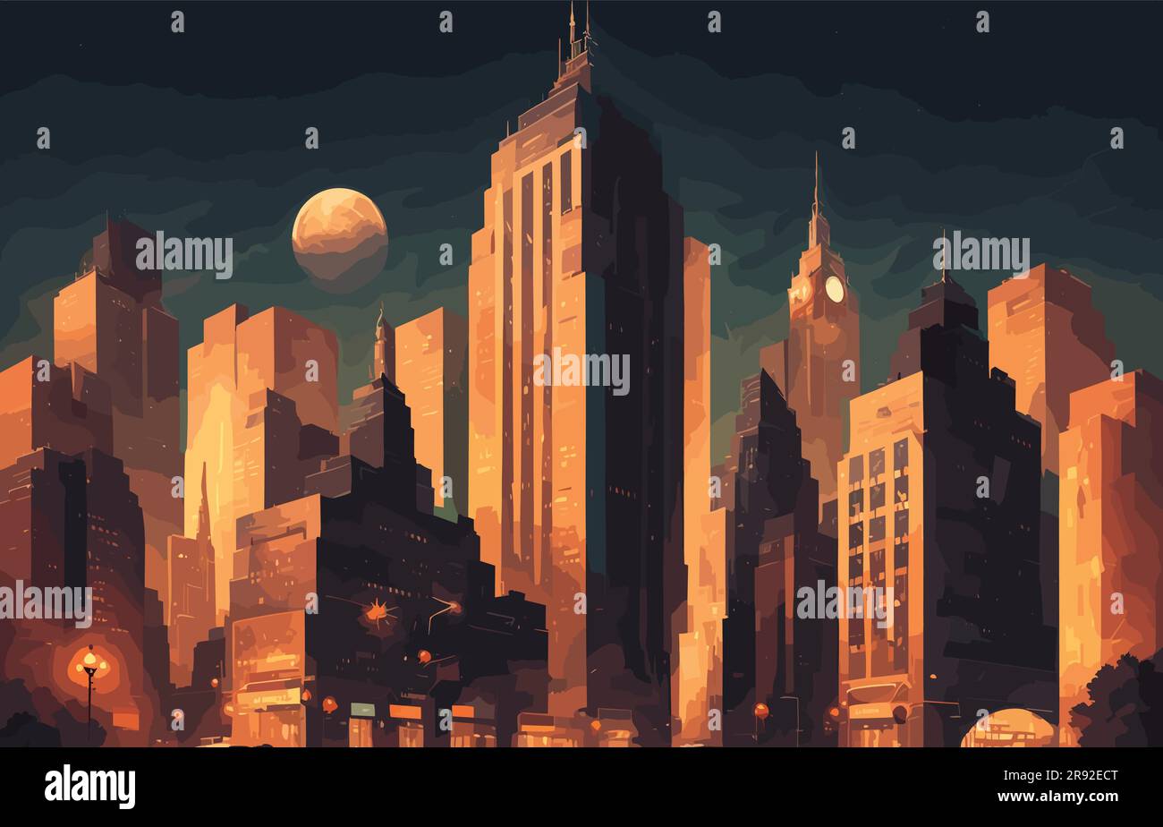 nighttime cityscape background illustration with a vintage-inspired ...