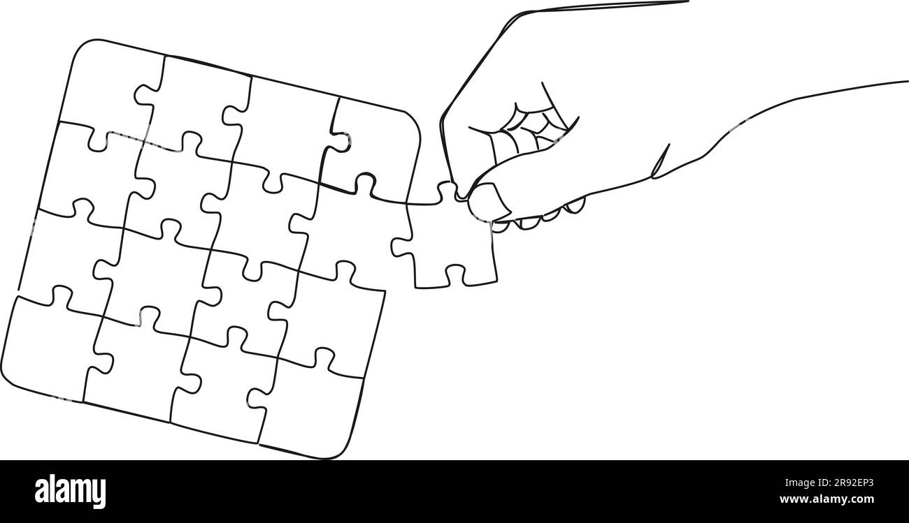 continuous single line drawing of hand adding last missing puzzle piece ... continuous single line drawing of hand adding last missing puzzle piece ...