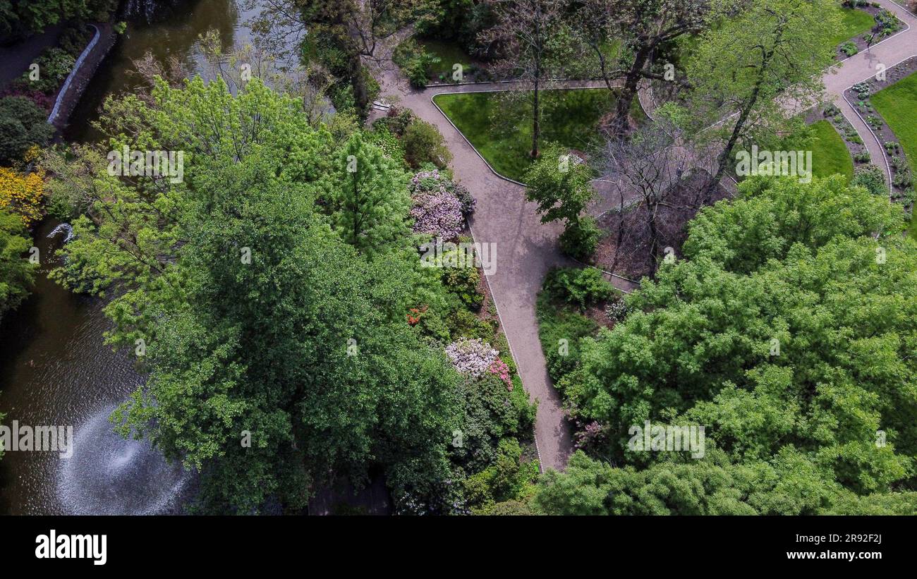 Amazing Aerial view of Botanical garden in Wroclaw with flower beds and ...