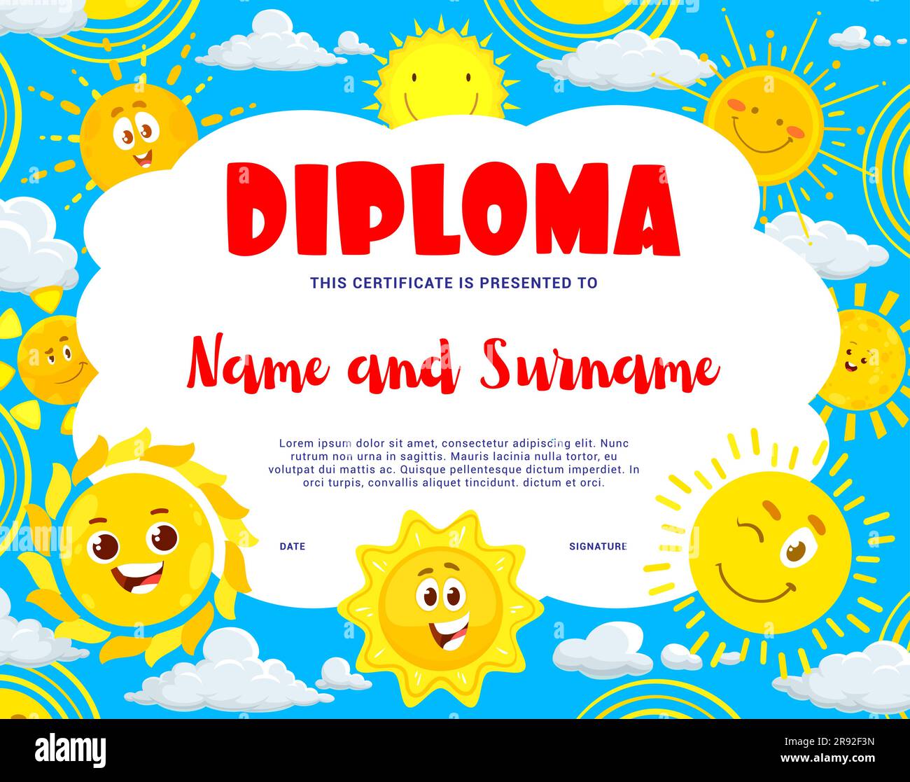 Kids diploma. Cartoon sun characters. Kindergarten child achievement ...