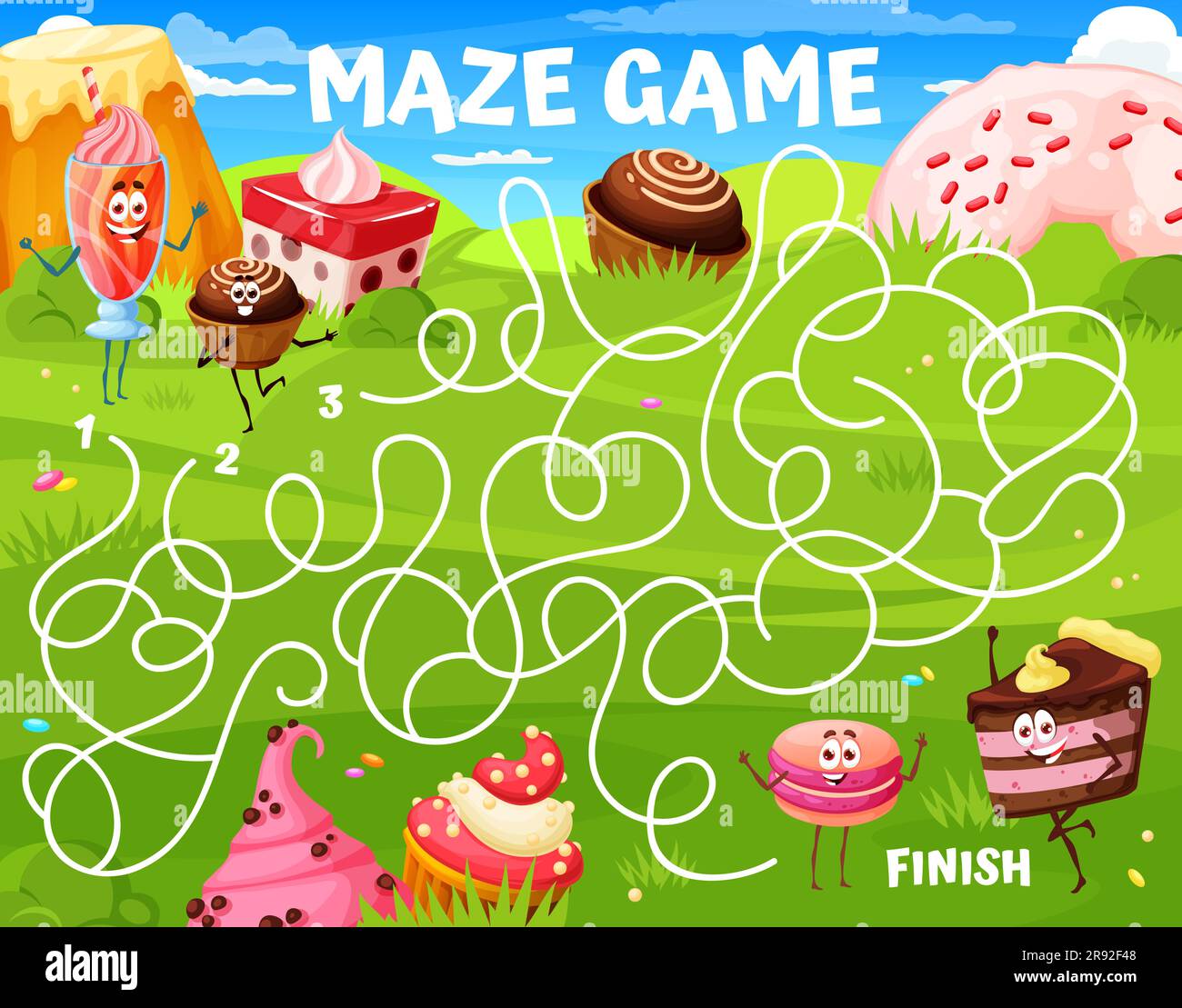 Labyrinth maze, cartoon desserts, sweets and cake characters on meadow ...