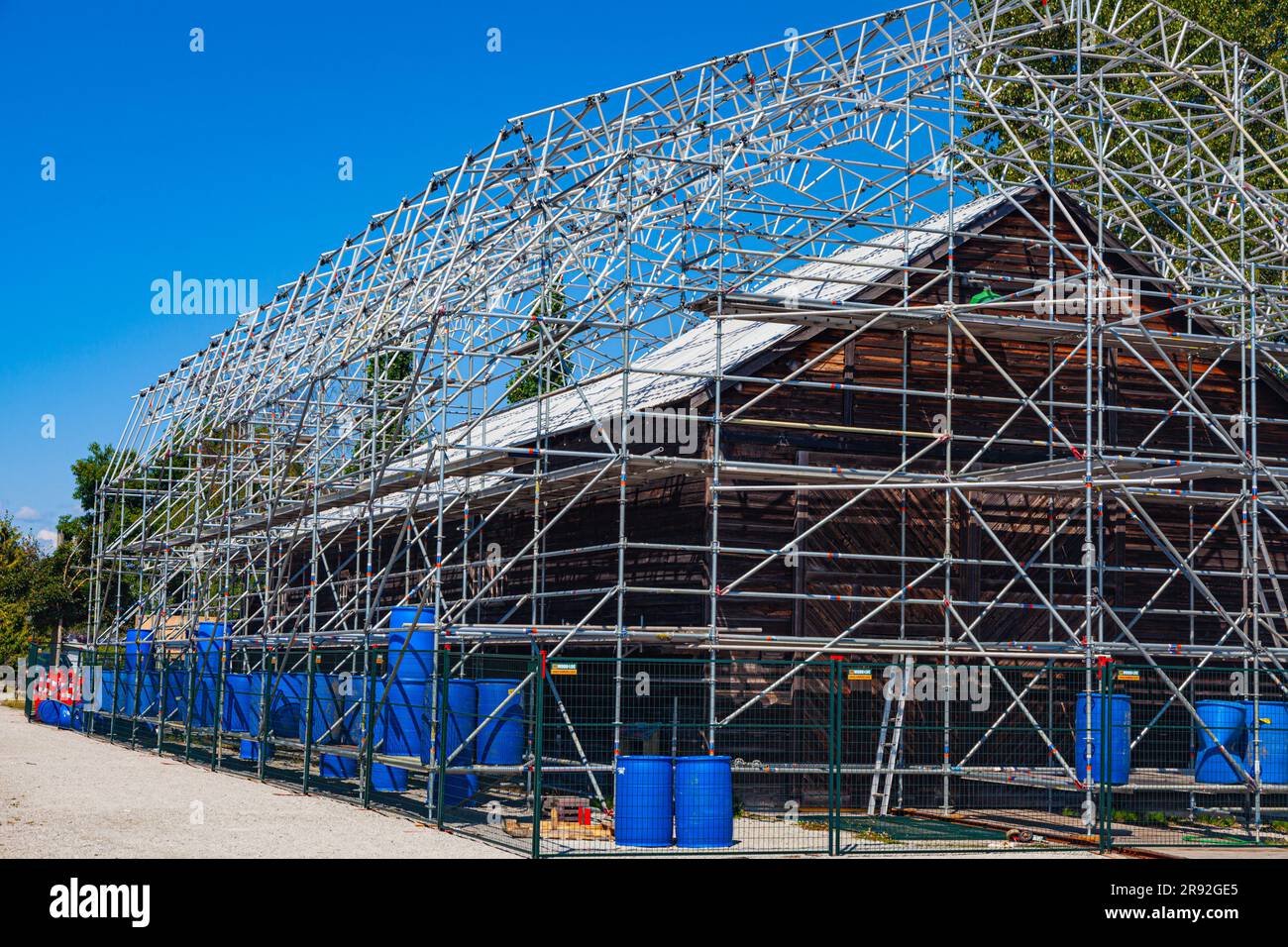 Scaffolding around a boat shed at the heritage Britannia Shipyard in ...