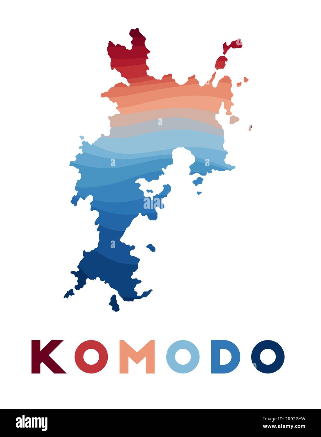 Komodo map. Map of the island with beautiful geometric waves in red and ...
