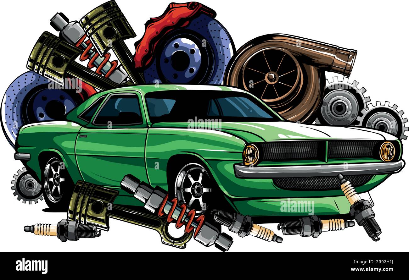 Vintage car components collection witn automobile motor engine piston ...