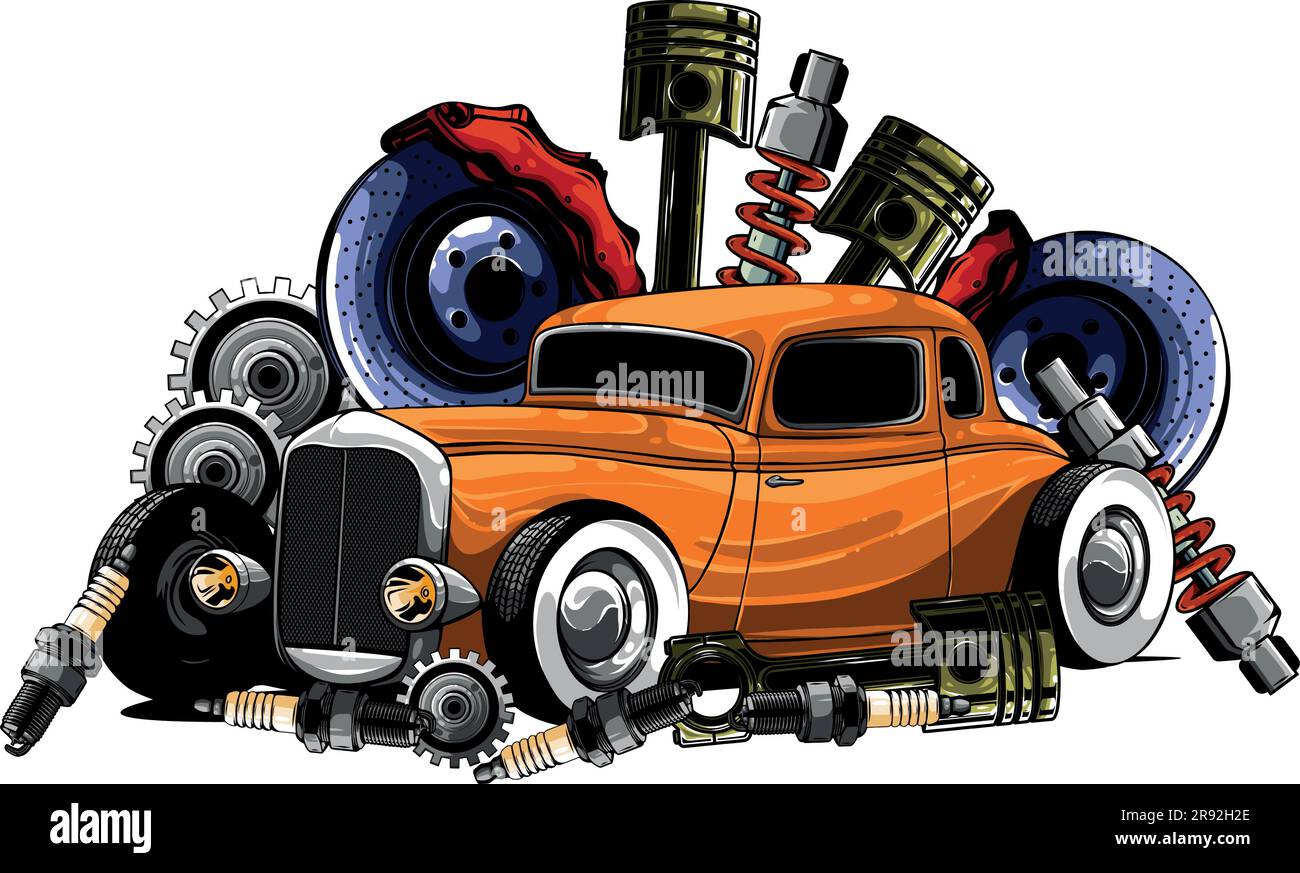 Vintage car components collection witn automobile motor engine piston ...