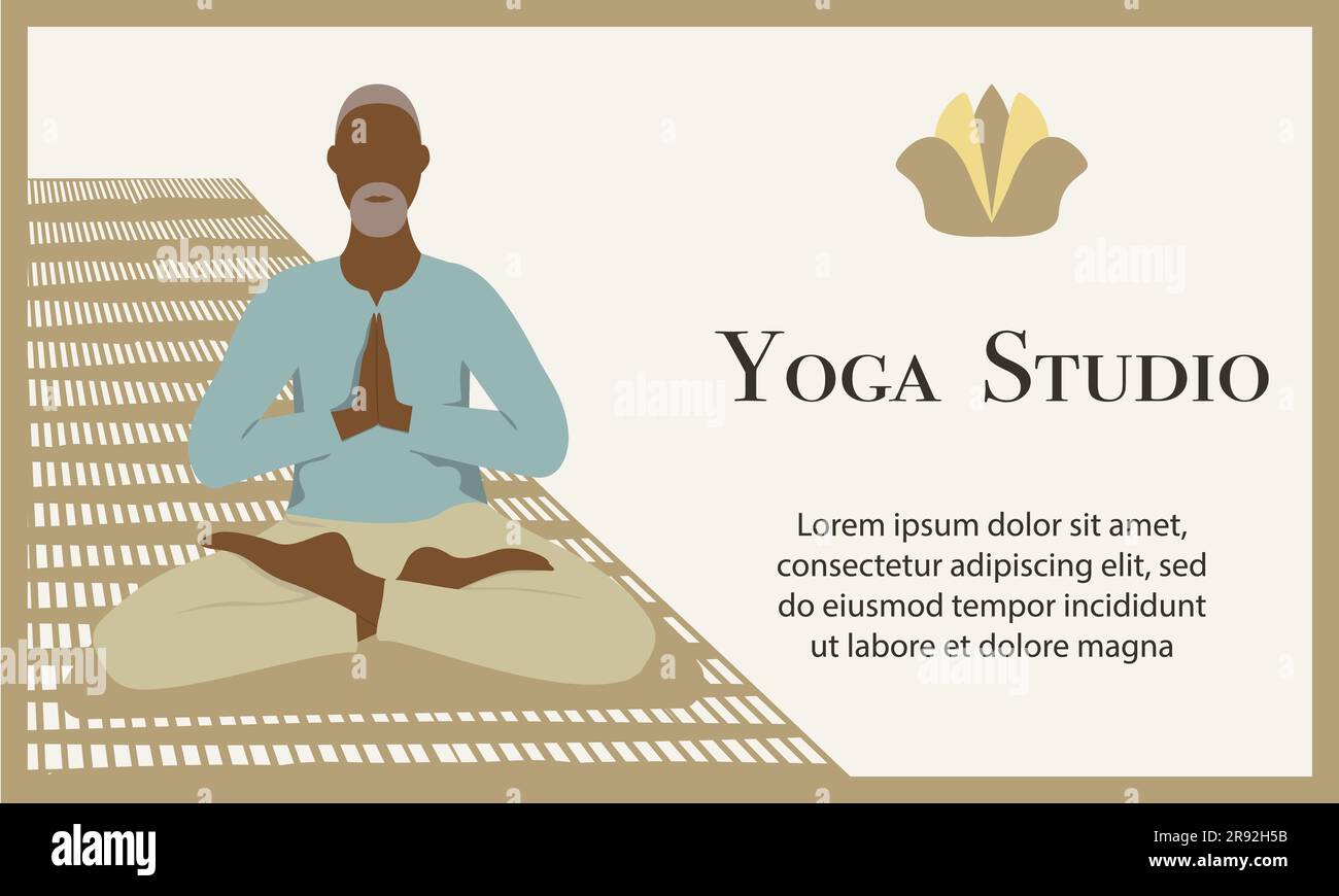 Senior man practicing lotus asana. Yoga studio banner. Copy space ...