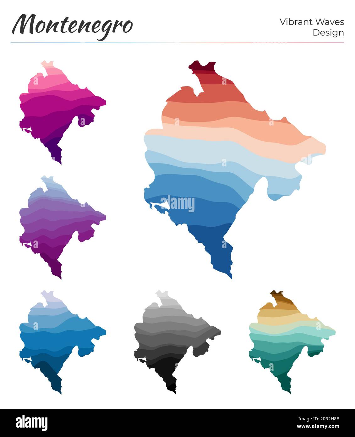 Set of vector maps of Montenegro. Vibrant waves design. Bright map of ...
