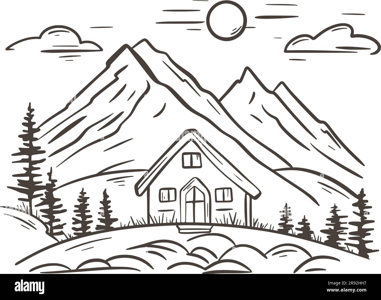 Hand drawn cabin in mountains Stock Vector Image & Art - Alamy