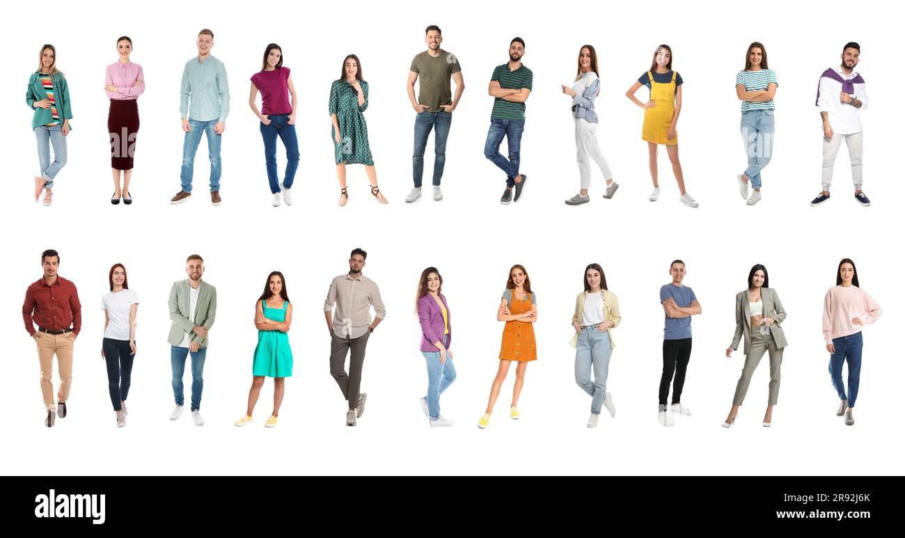 Collage with full length portraits of men and women on white background ...