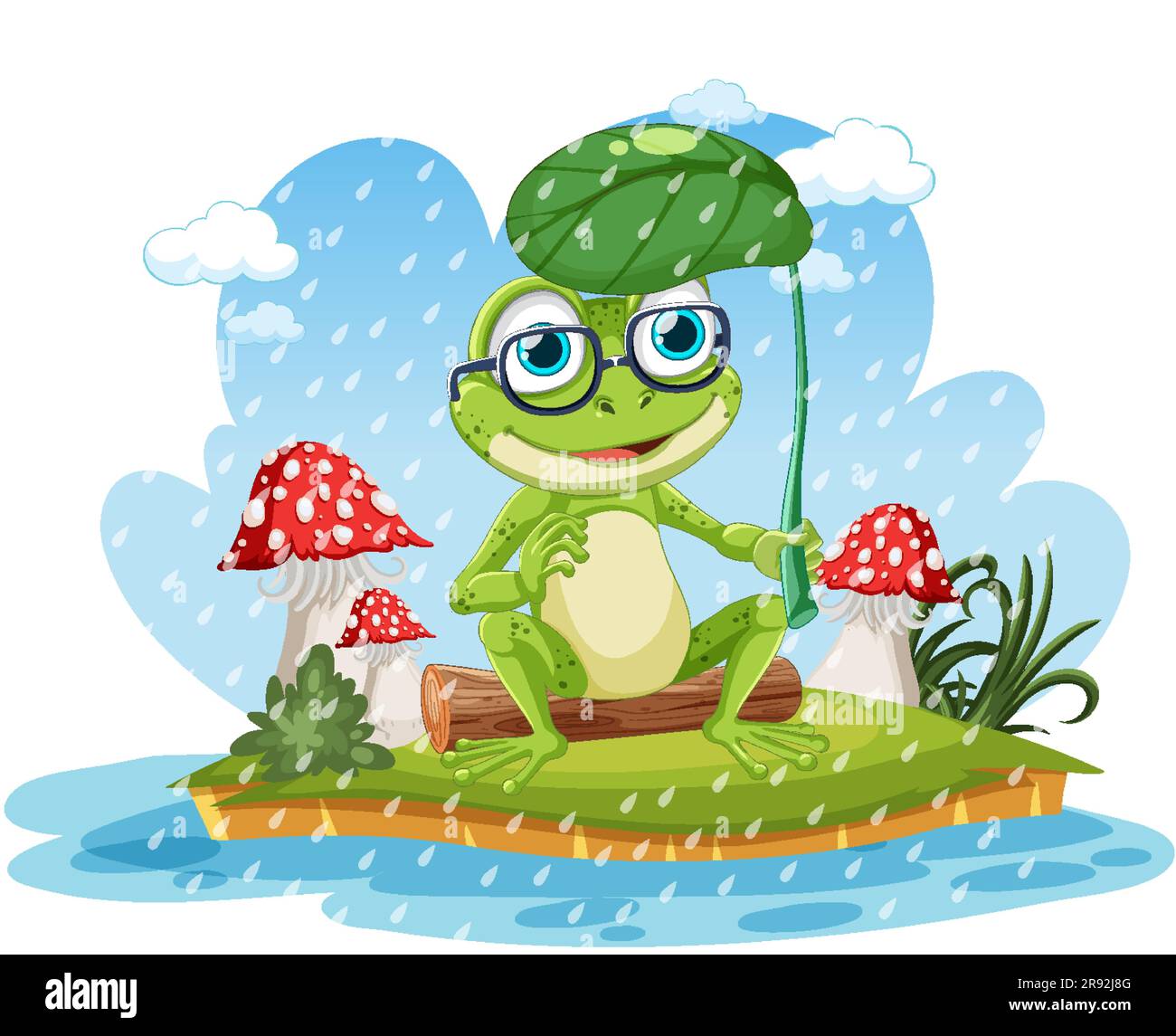 Green Frog Cartoon Character Holding Leaf Umbrella illustration Stock ...