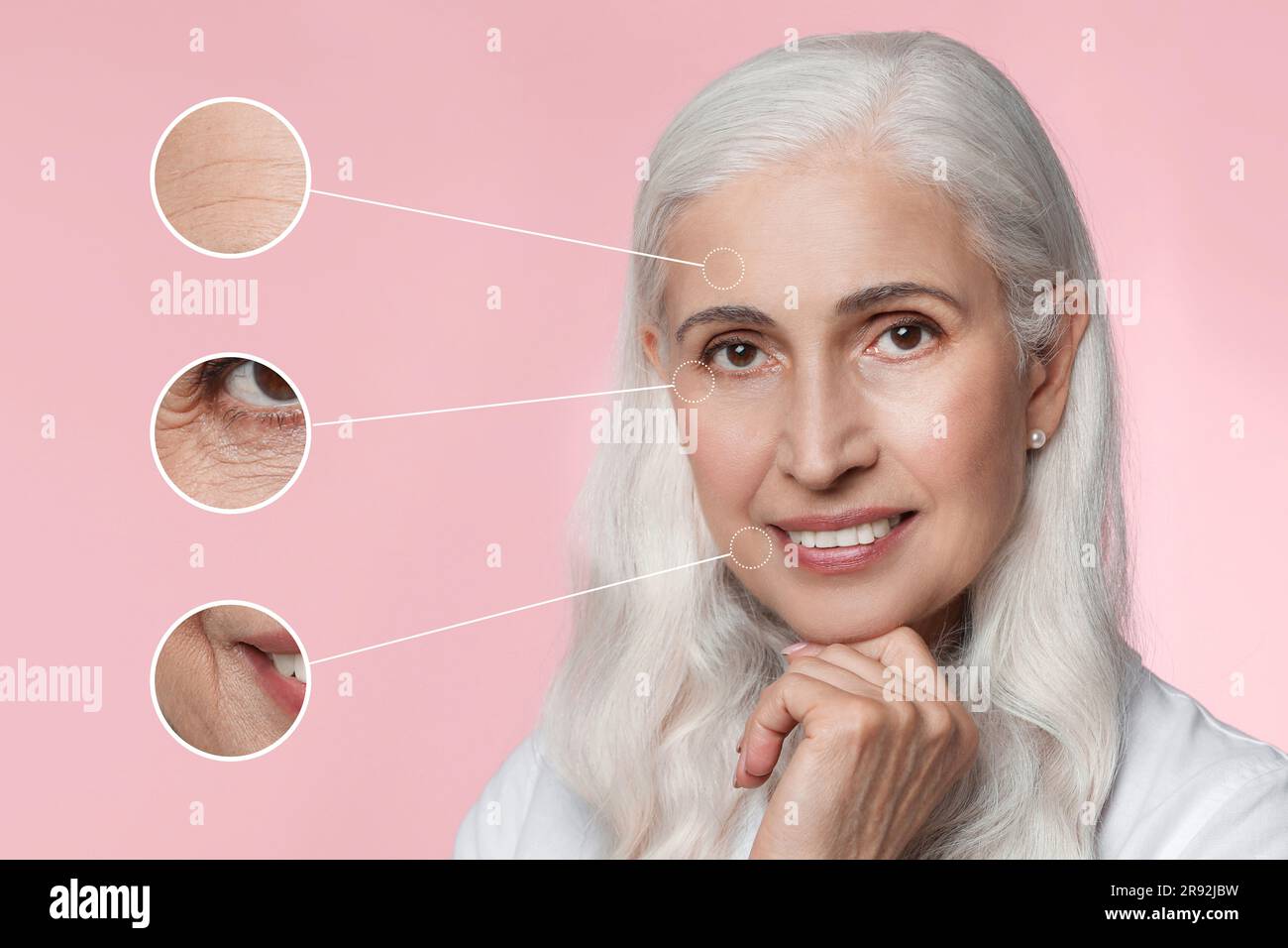 Beautiful mature woman on pink background. Zoomed skin areas showing ...