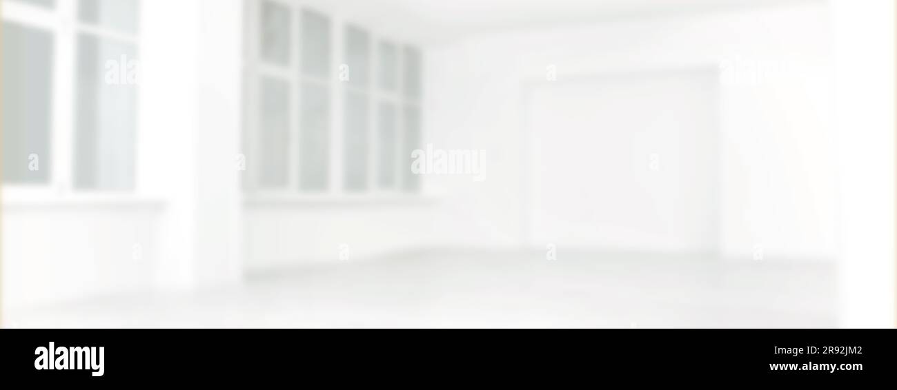 Empty room with white wall and windows, blurred view. Banner design ...