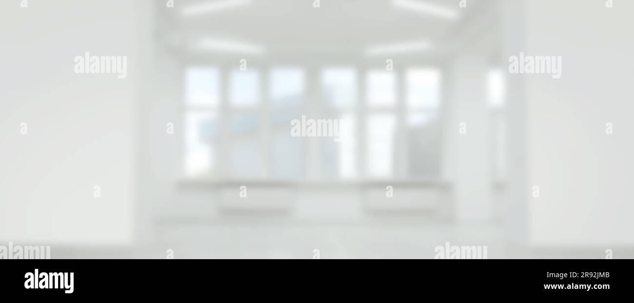 Empty room with white wall and large window, blurred view. Banner ...