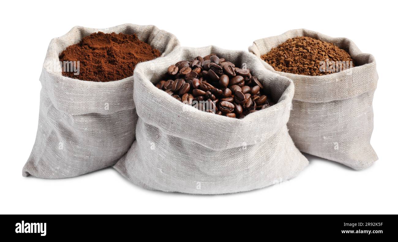 Bags with different types of coffee on white background Stock Photo - Alamy