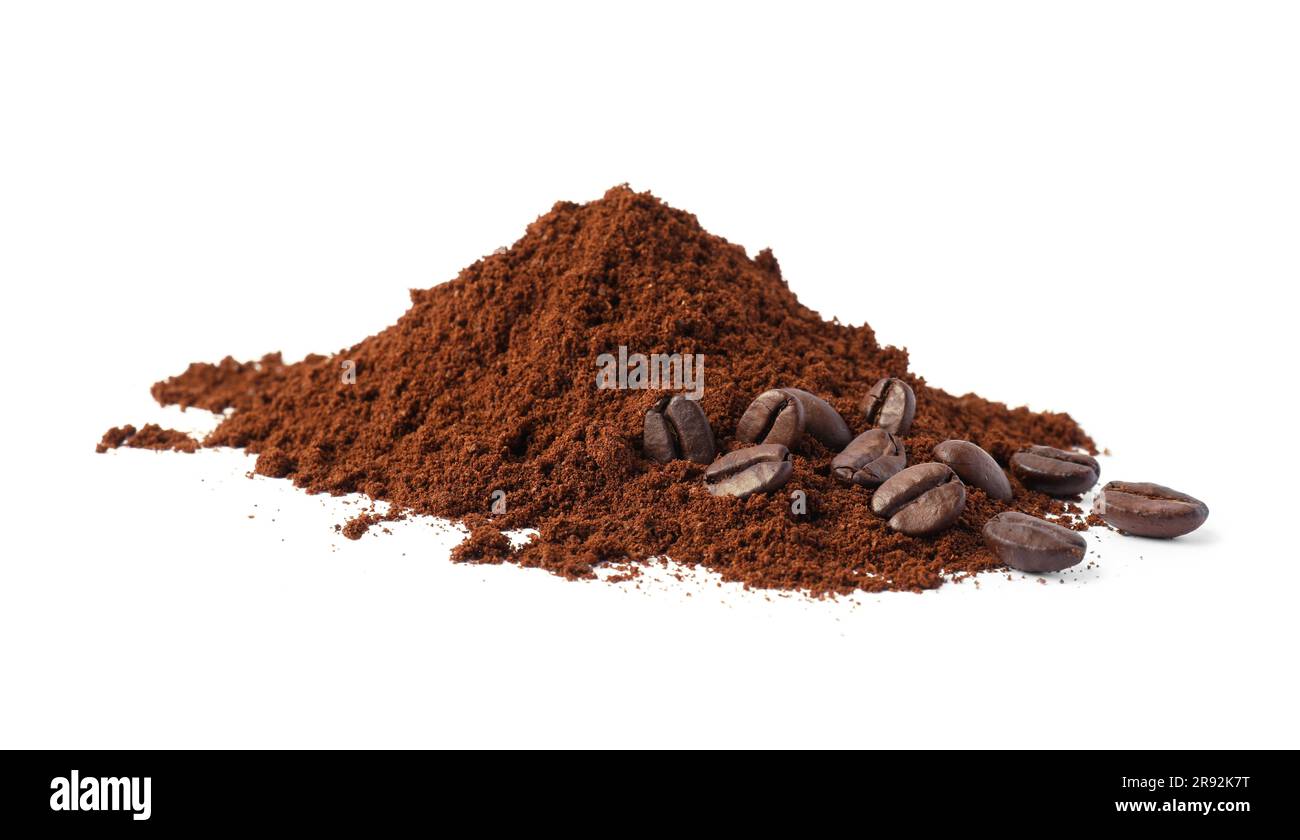 Heap of ground coffee and beans on white background Stock Photo - Alamy