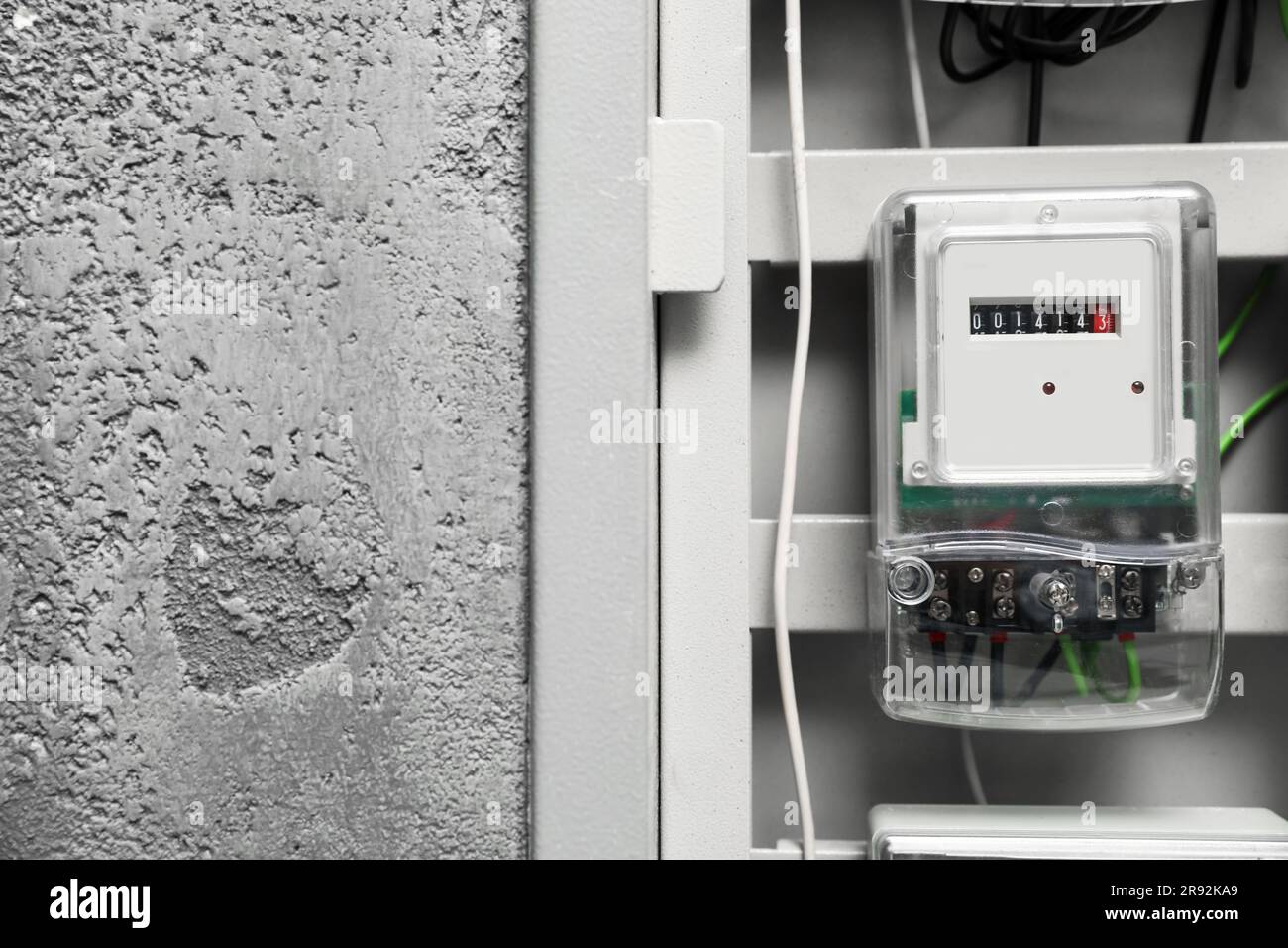 Electric meter and wires in fuse box, space for text Stock Photo - Alamy