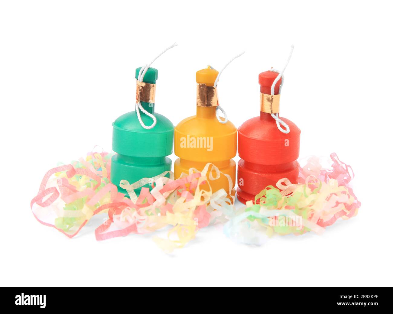 Colorful streamers with bright party crackers isolated on white Stock ...