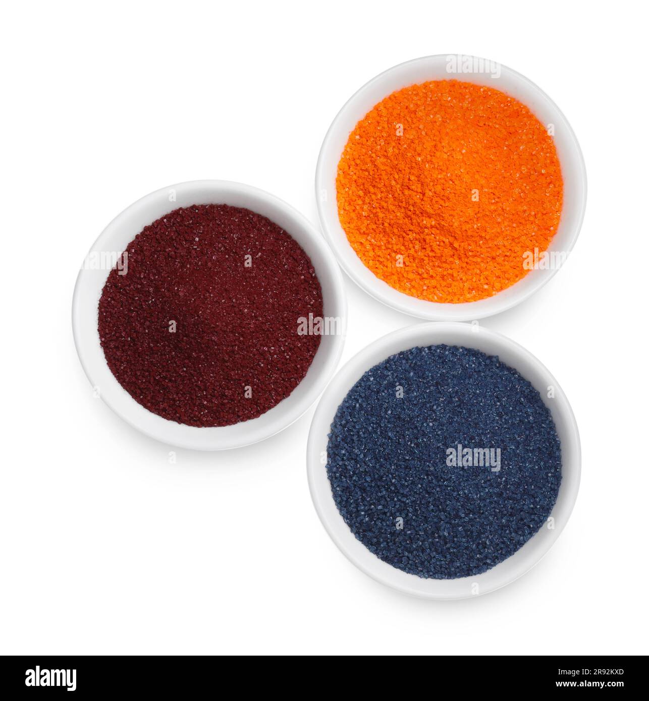 Bowls with food coloring on white background, top view Stock Photo - Alamy