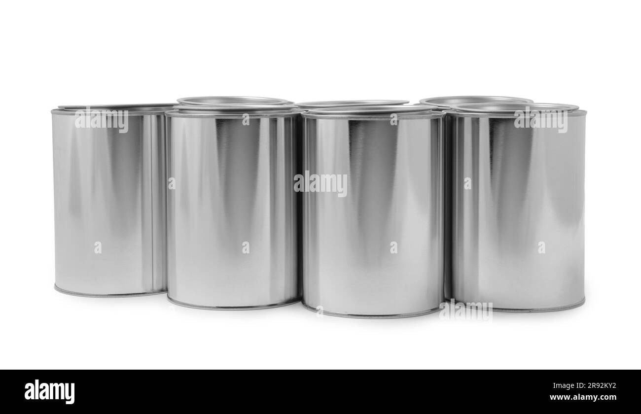 Many cans of paints on white background Stock Photo - Alamy