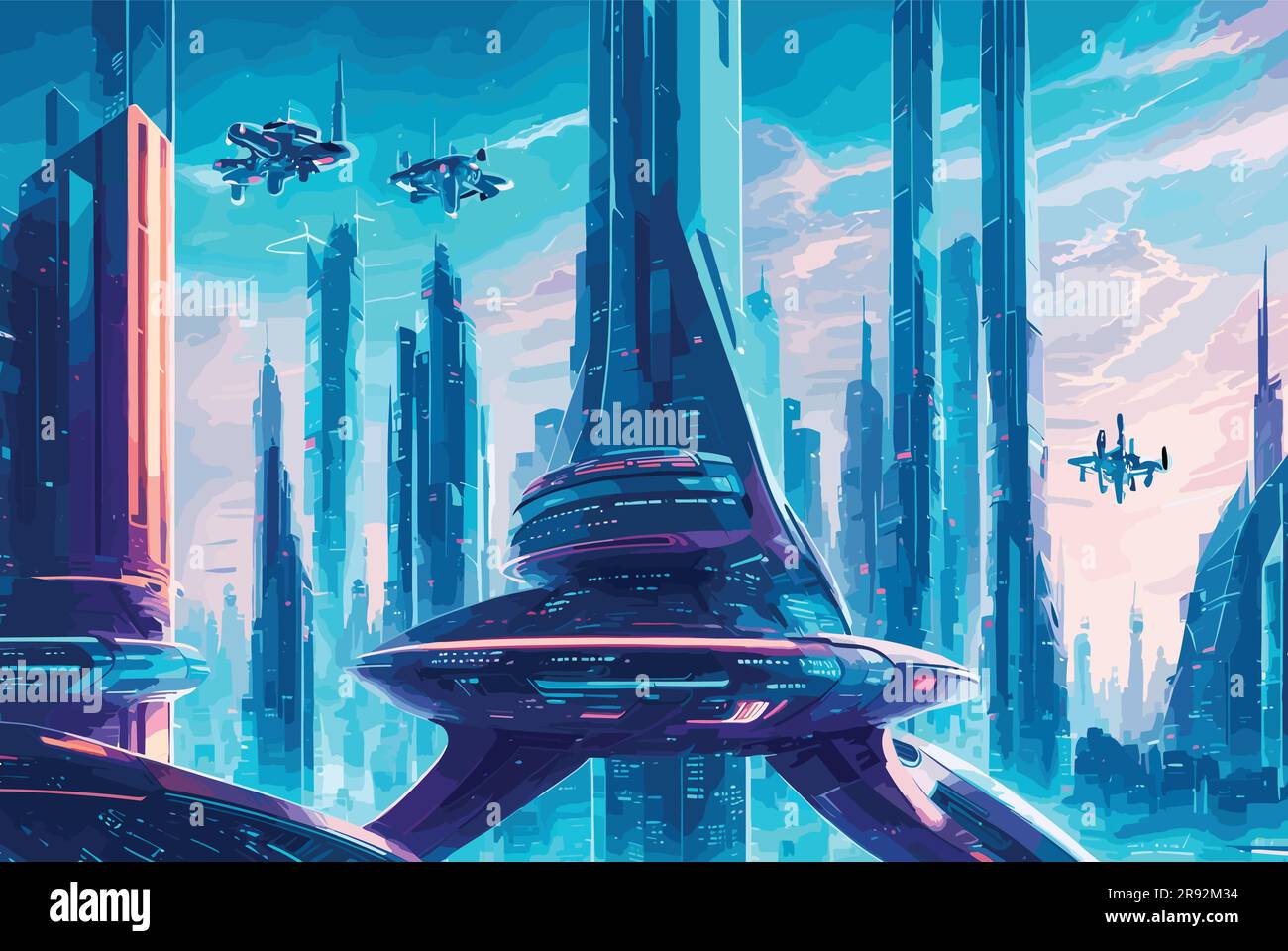 futuristic cityscape background illustration with advanced robotics and AI technology. flying ...