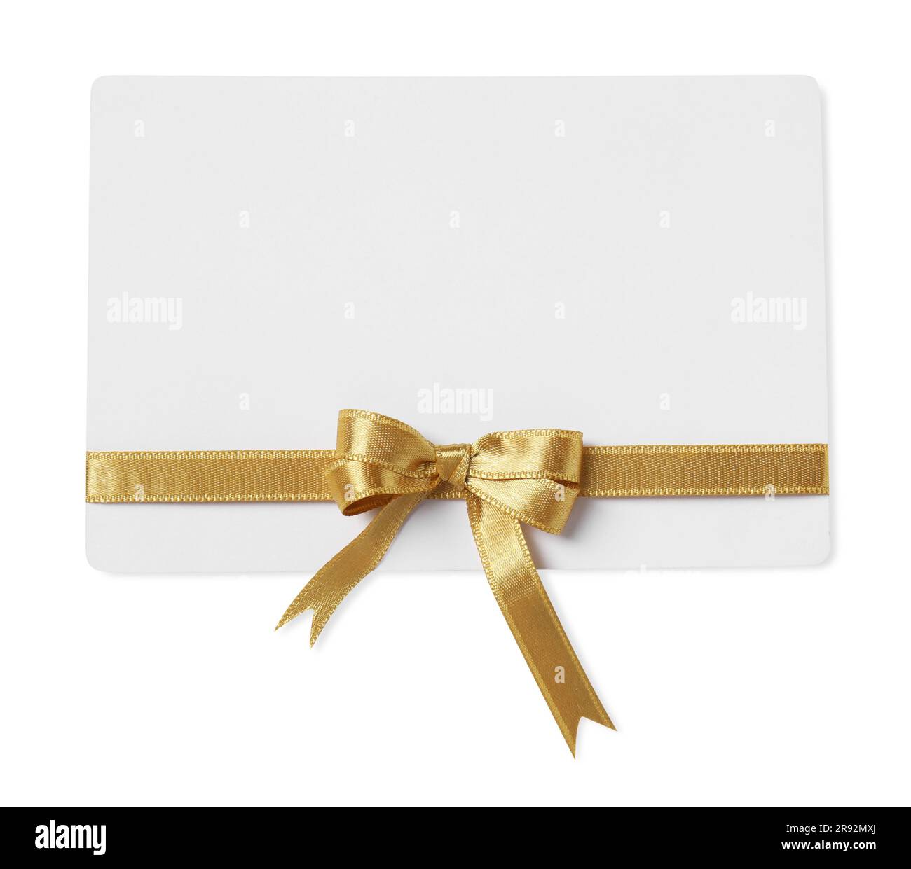 Blank gift card with golden bow isolated on white, top view Stock Photo ...