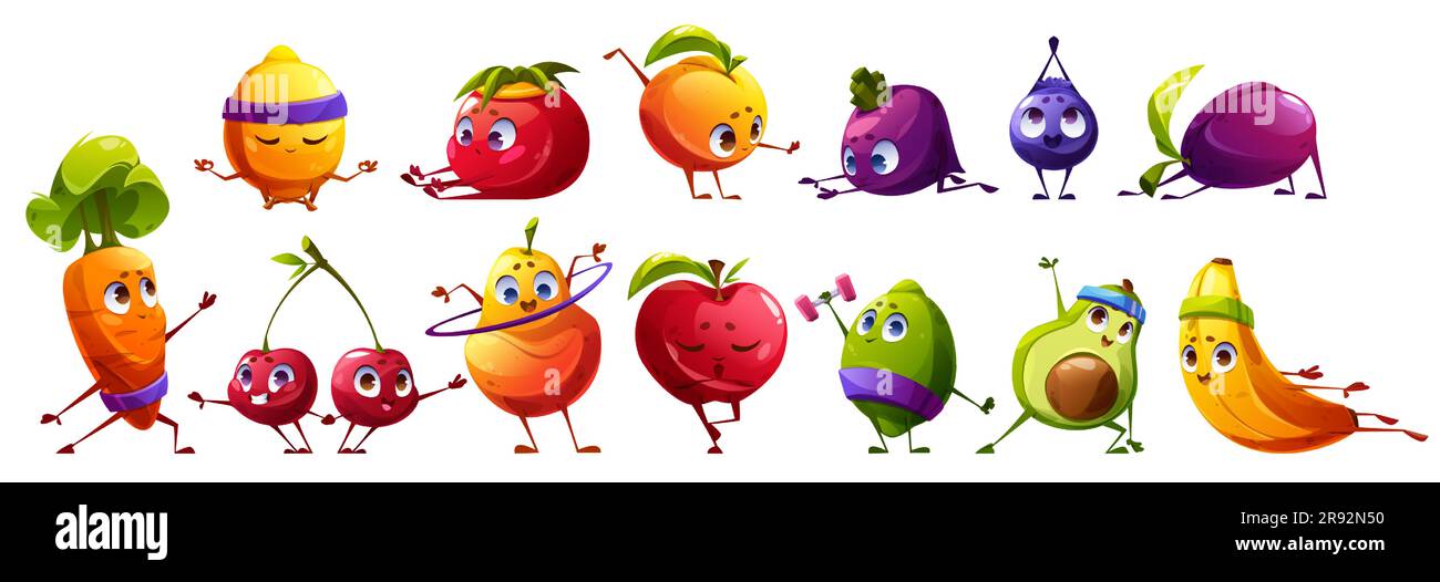 Cute fruit character exercise vector illustration. Funny food healthy ...