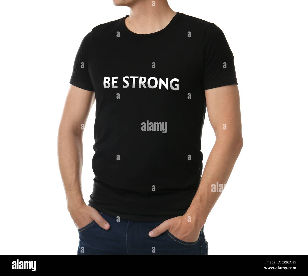 Motivational phrase. Man in black t-shirt with words Be Strong on white ...