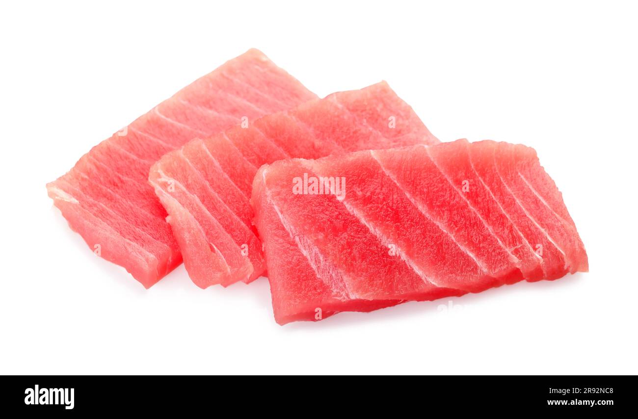 Tasty sashimi (pieces of fresh raw tuna) on white background Stock ...